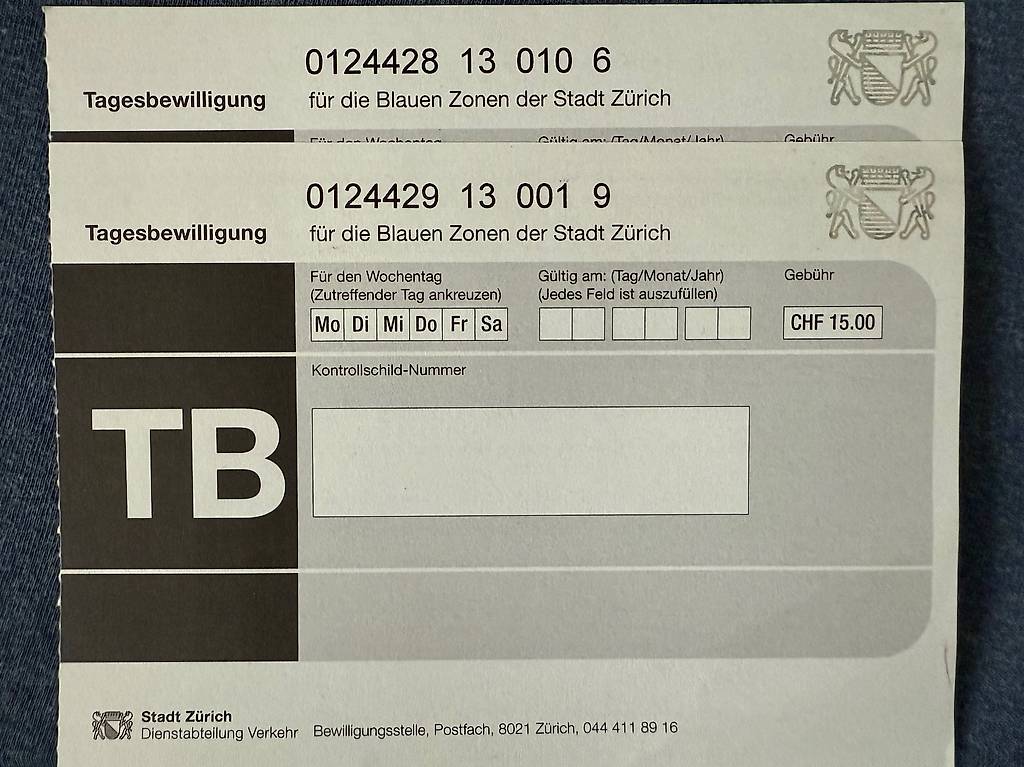 2 Tagesbewilligungen für die Blauen Zonen der Stadt Zürich im Kanton ...