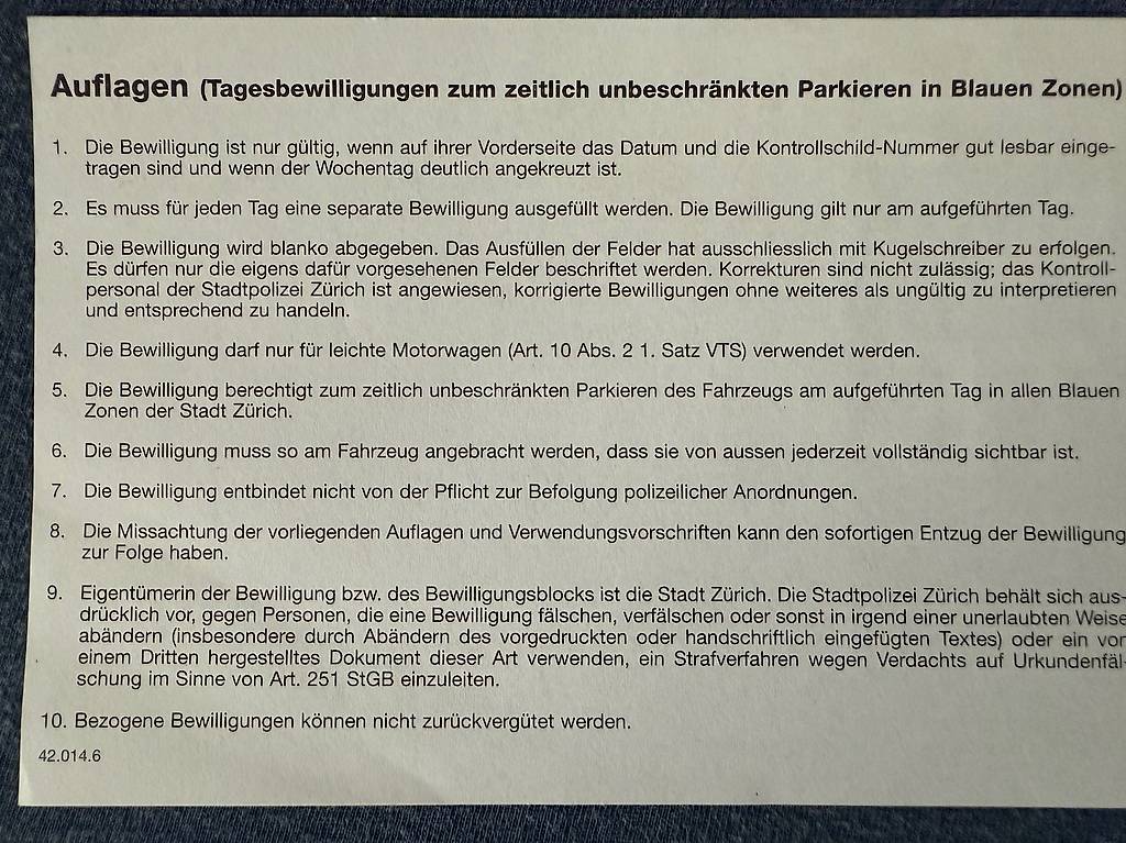 2 Tagesbewilligungen für die Blauen Zonen der Stadt Zürich im Kanton ...