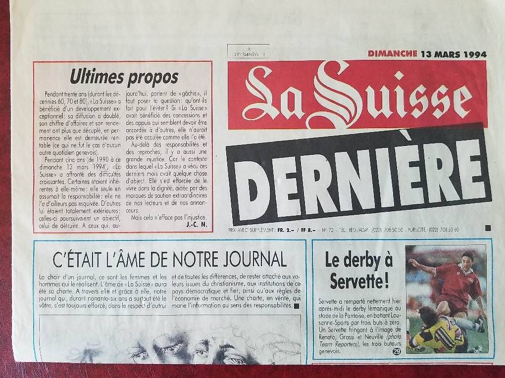 Dernier numéro du journal La Suisse Canton Genève - anibis.ch