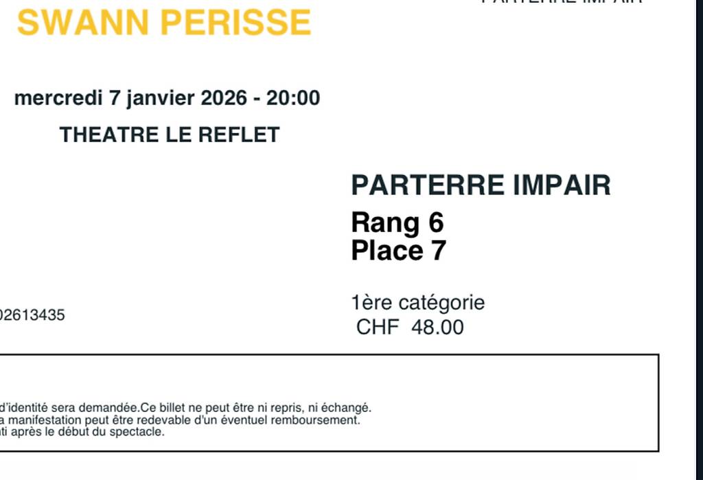 1 billet: Swann Périssé à Vevey le 07.01.2026 Canton Vaud - anibis.ch