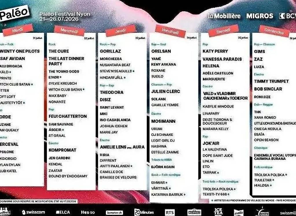 Paléo 2026 ,3 billets pour mardi, 4 vendredi et 5 dimanche Canton ...