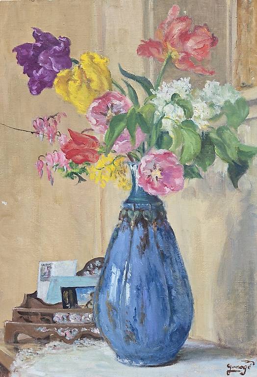 Jeanne JANOGE (1890-?) huile sur toile, beau bouquet Canton Vaud ...