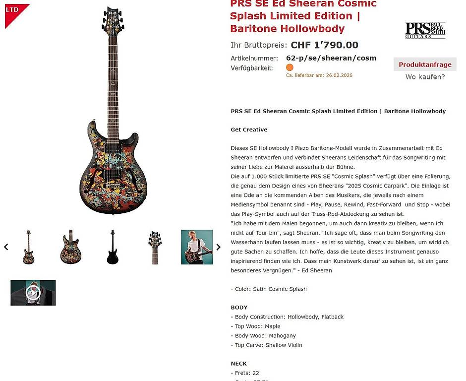 Ed Sheeran PRS Splash Limited Edition, seul 1000 au monde Canton Vaud ...